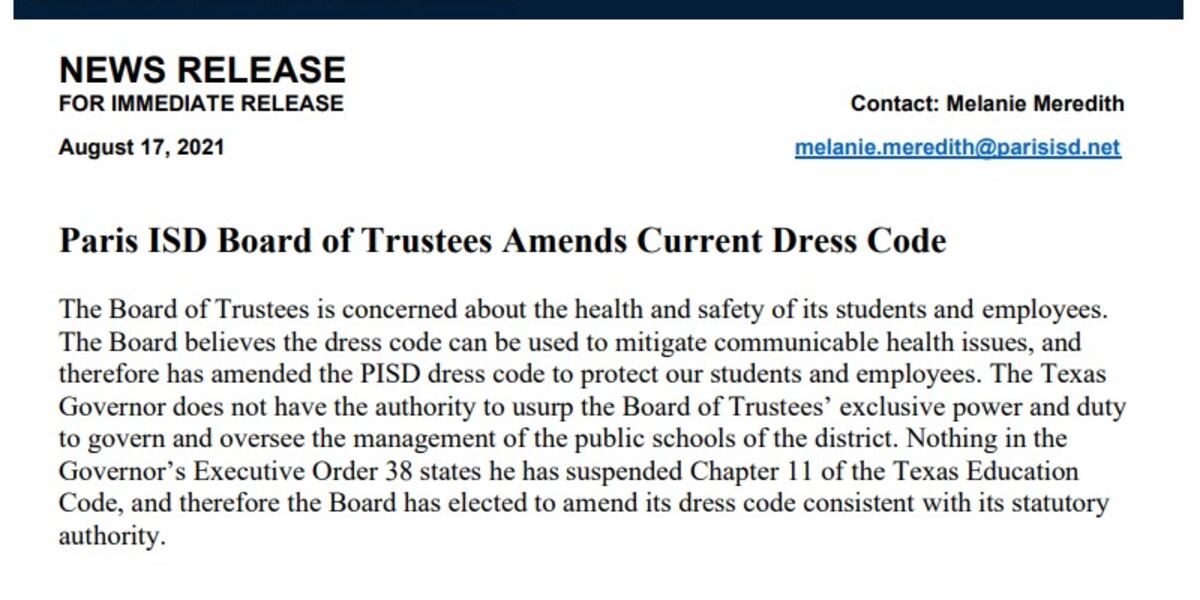 Paris Isd Requires Masks To Be Worn As Part Of New Dress Code